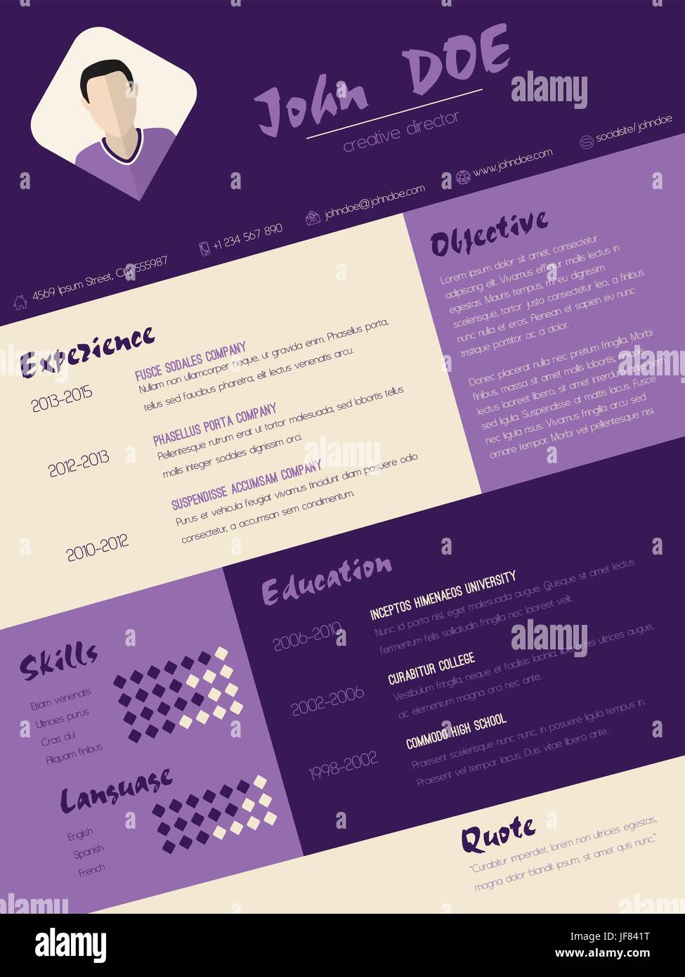 Modern curriculum vitae resume with purple stripes Stock Vector Image ...