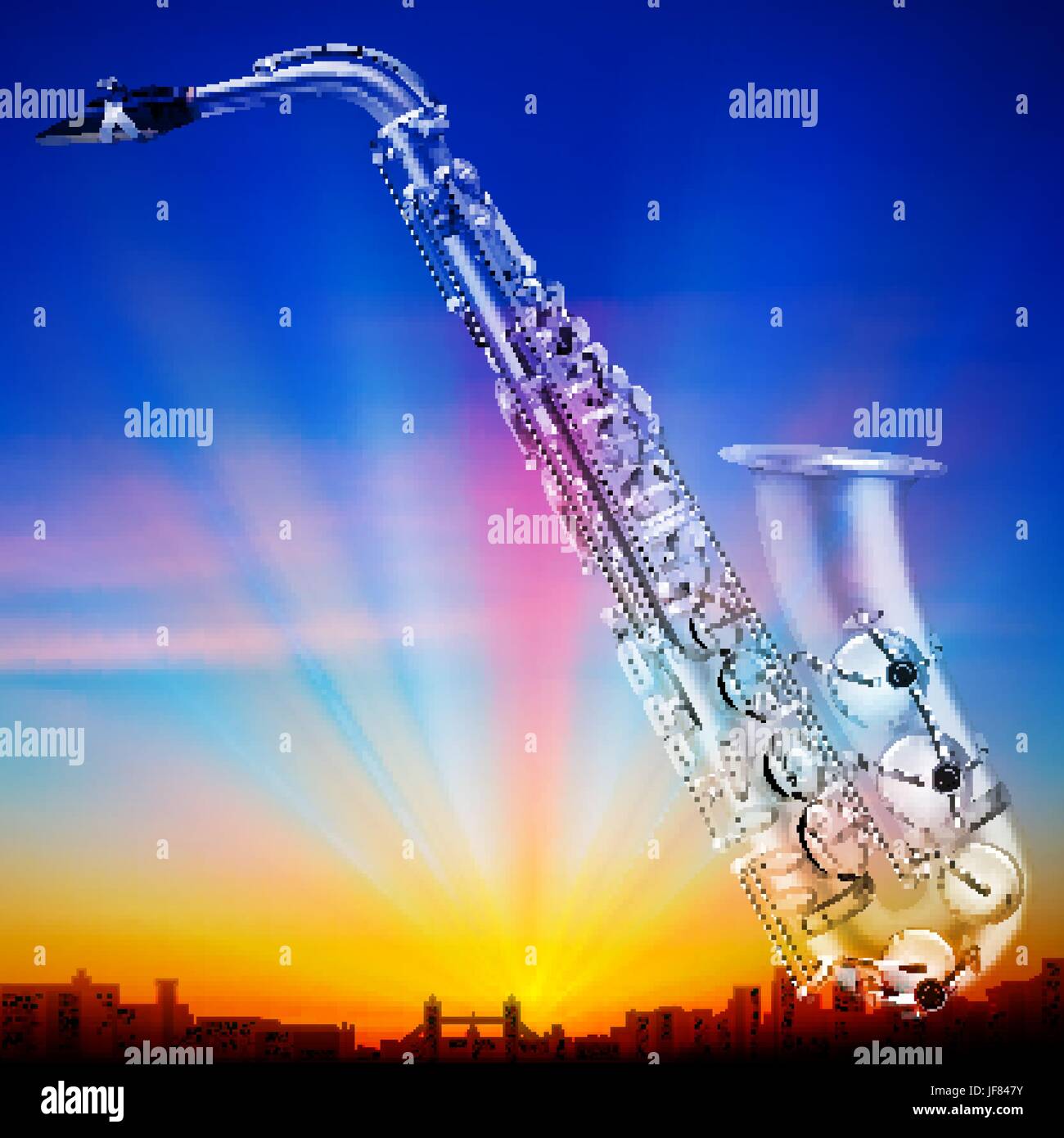 abstract sunrise background with city and saxophone Stock Vector Image ...
