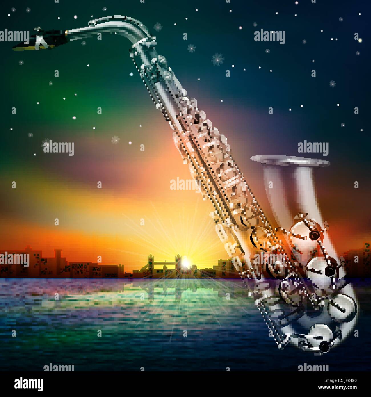abstract night background with city and saxophone Stock Vector Image ...