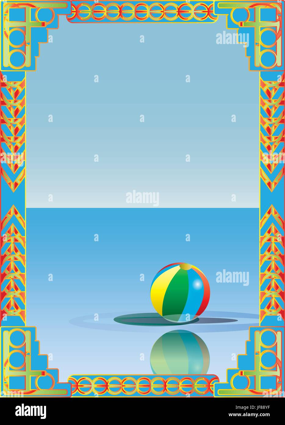 Art Deco style seaside lido text frame with beach ball and ocean ...