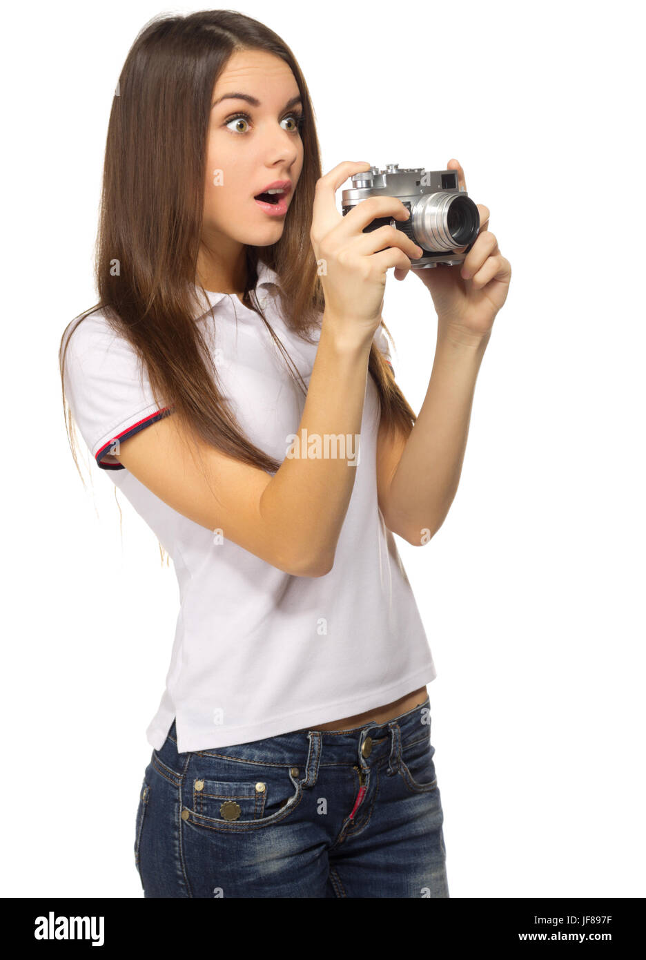 Young girl with camera isolated Stock Photo - Alamy