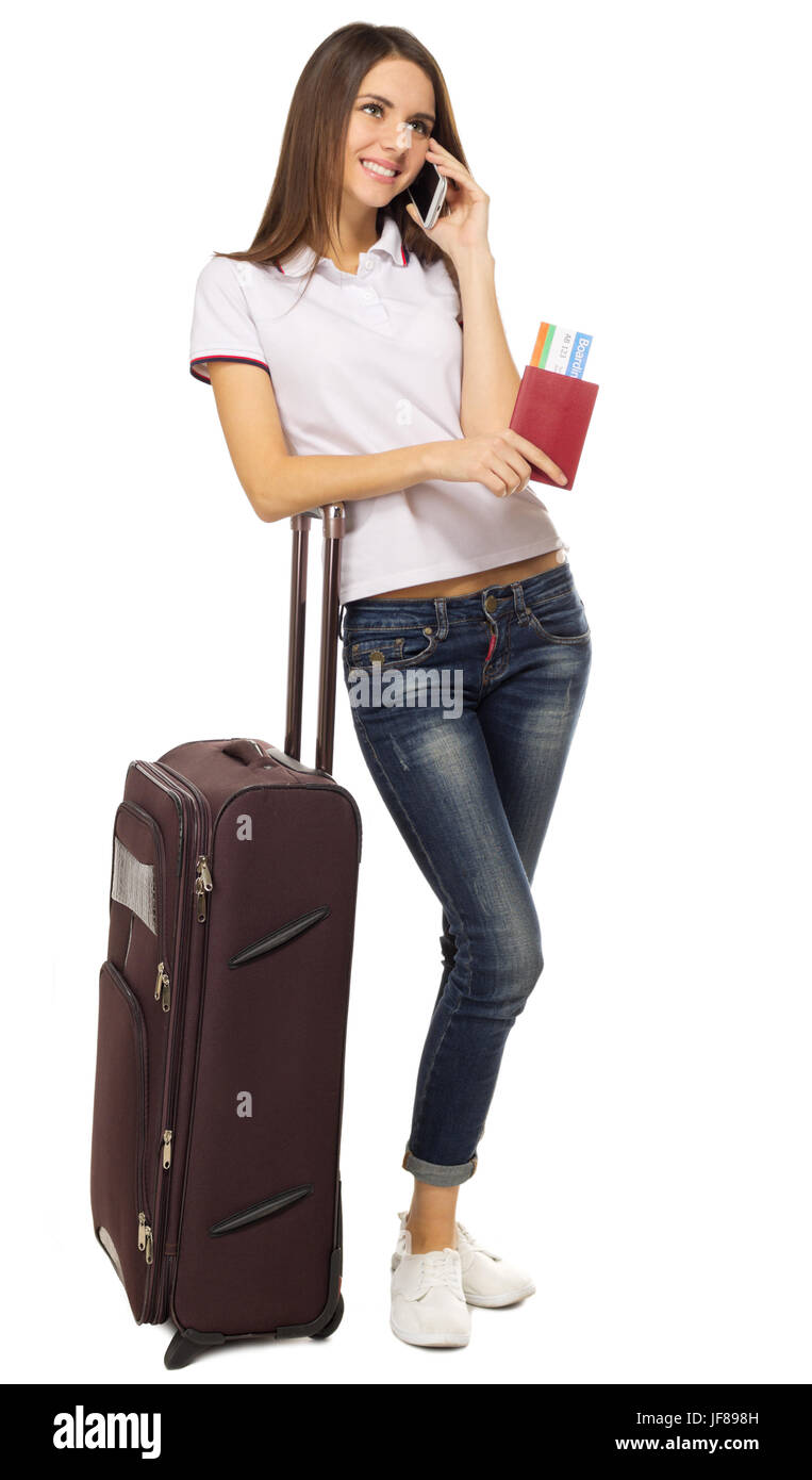 Young traveling girl isolated on white Stock Photo - Alamy