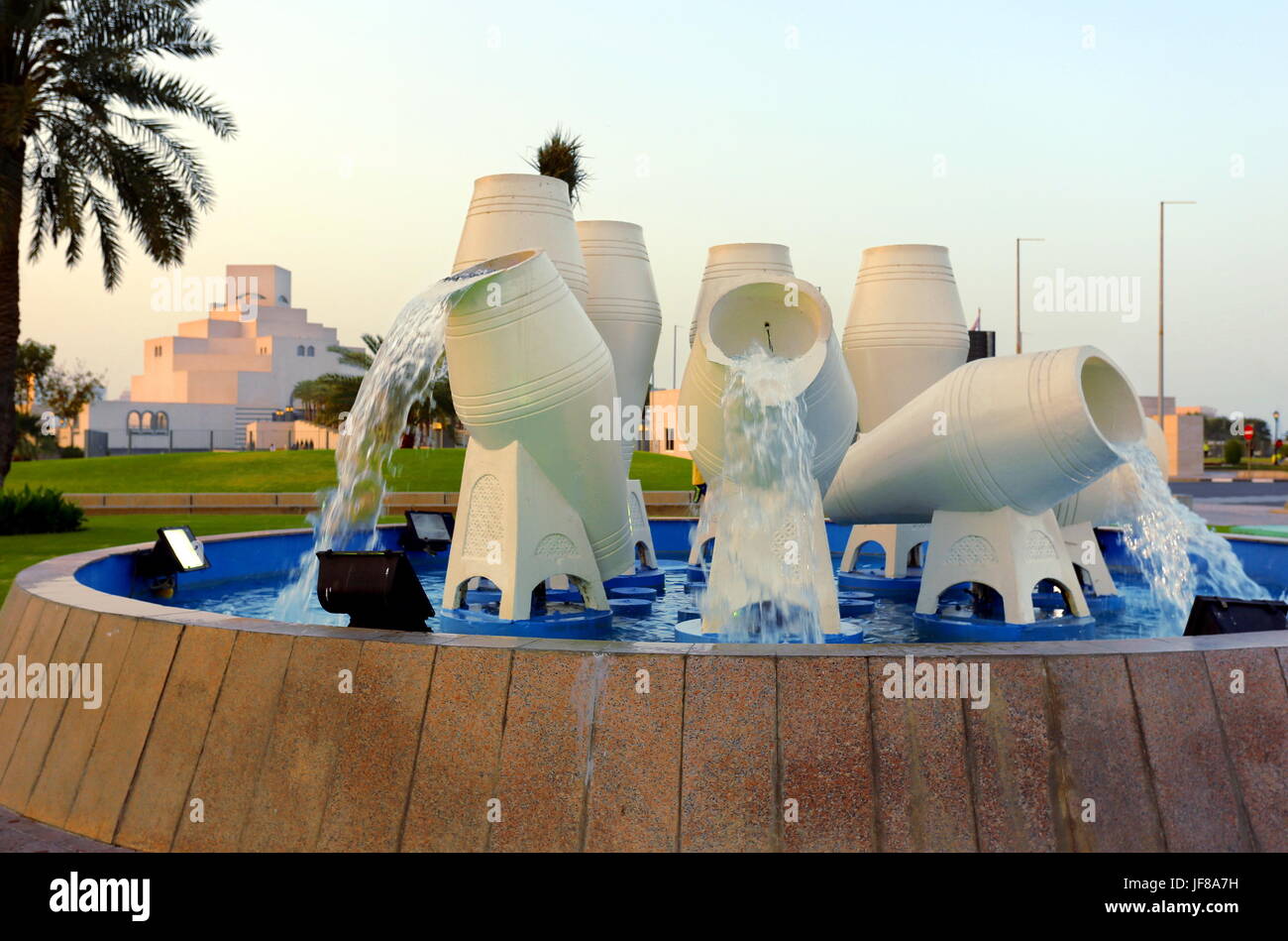 The repainted water-pot fountain beside Doha harbor and the Corniche ...