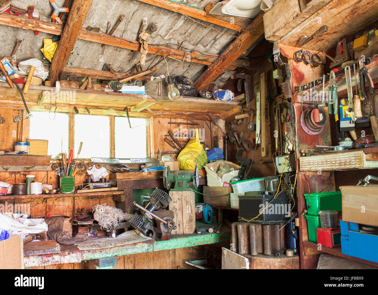 old workshop in home with retro tools Stock Photo - Alamy
