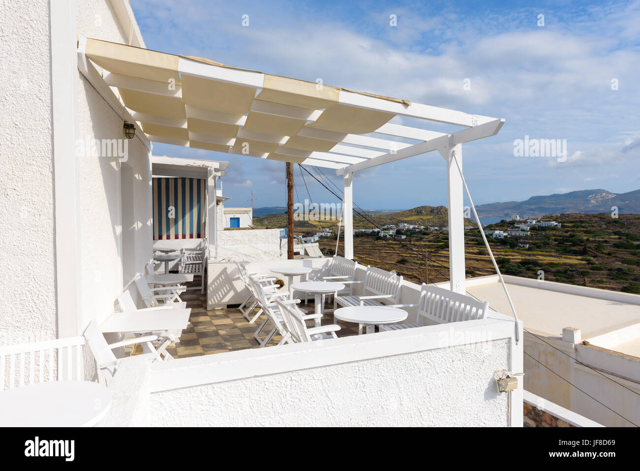 Typical Greek style balcony in village of Tripiti on Milos island ...