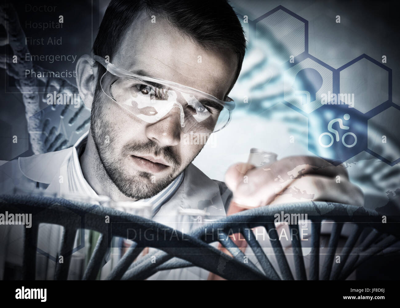 Handsome scientist making research over dna molecule structure Stock ...