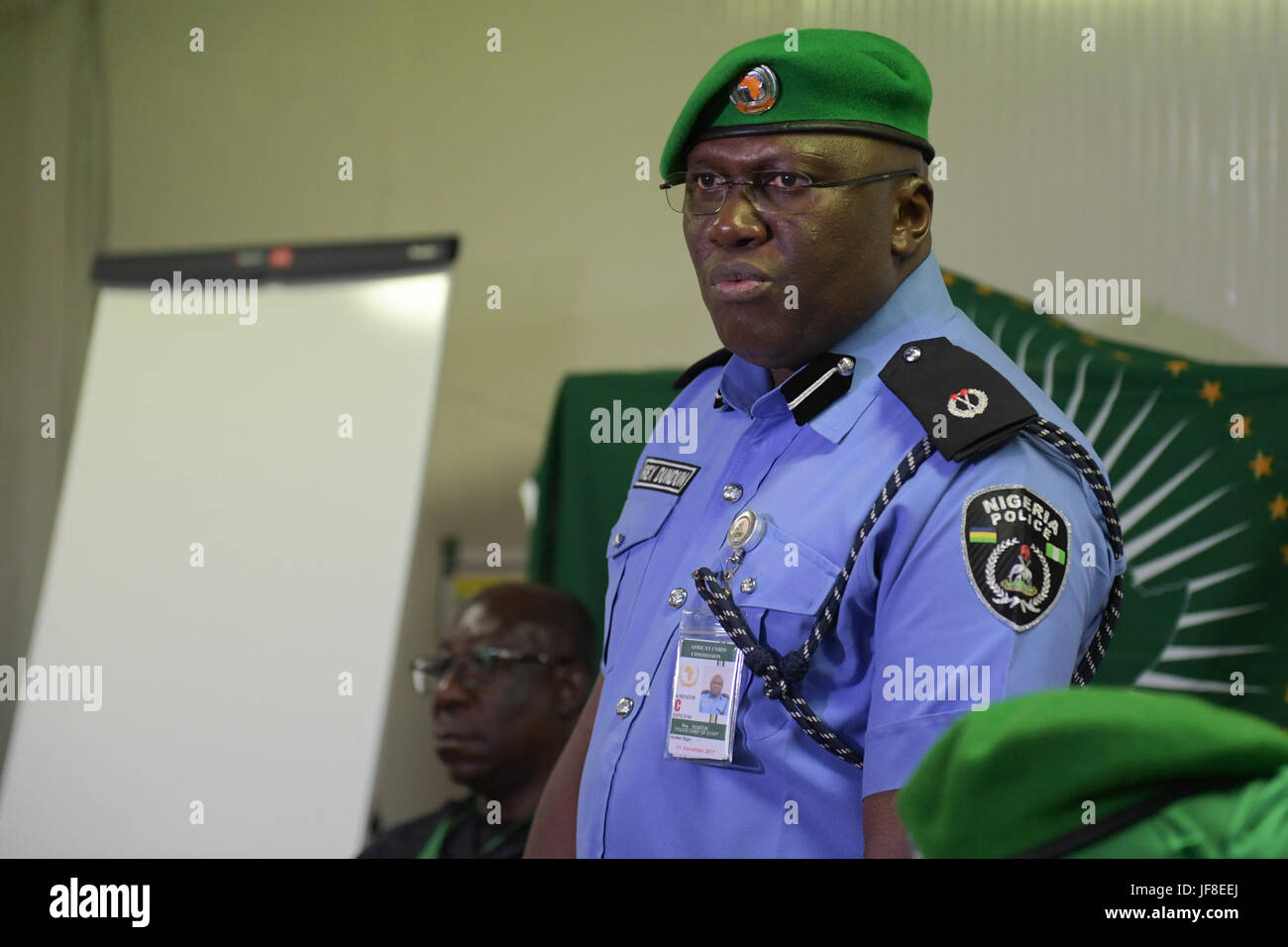 AMISOM Police Chief of Staff, Rex Dundun, delivers a speech during the ...
