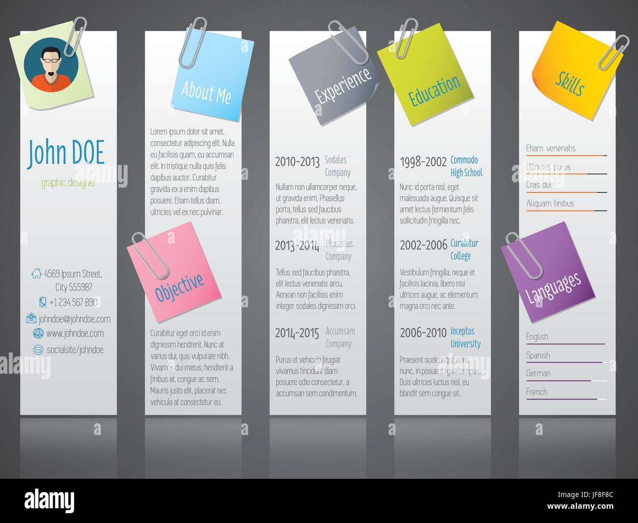 Cool modern curriculum vitae cv resume with labels and post its Stock ...