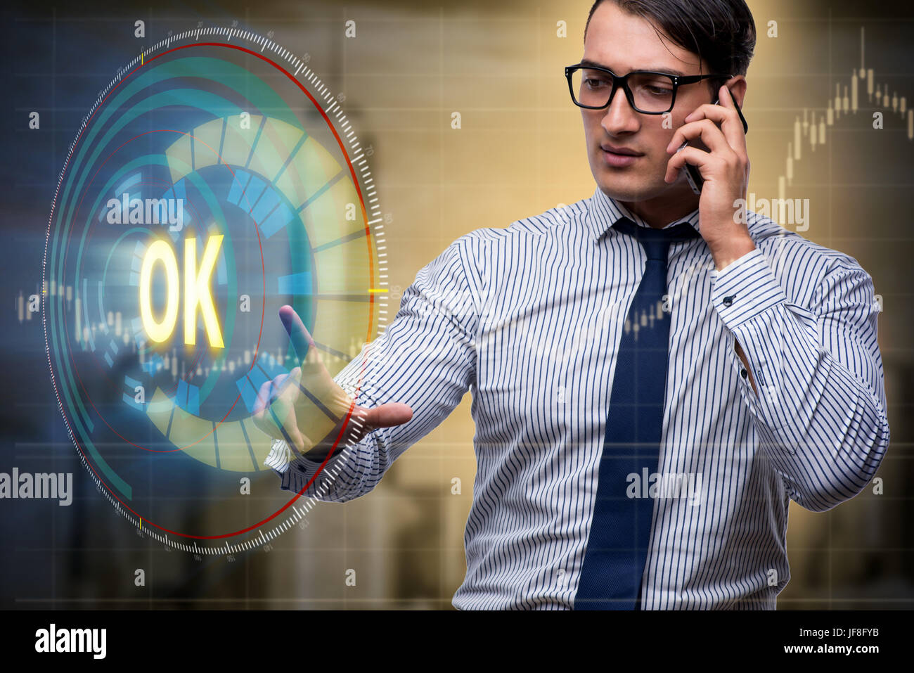 Businessman pressing virtual button OK Stock Photo - Alamy