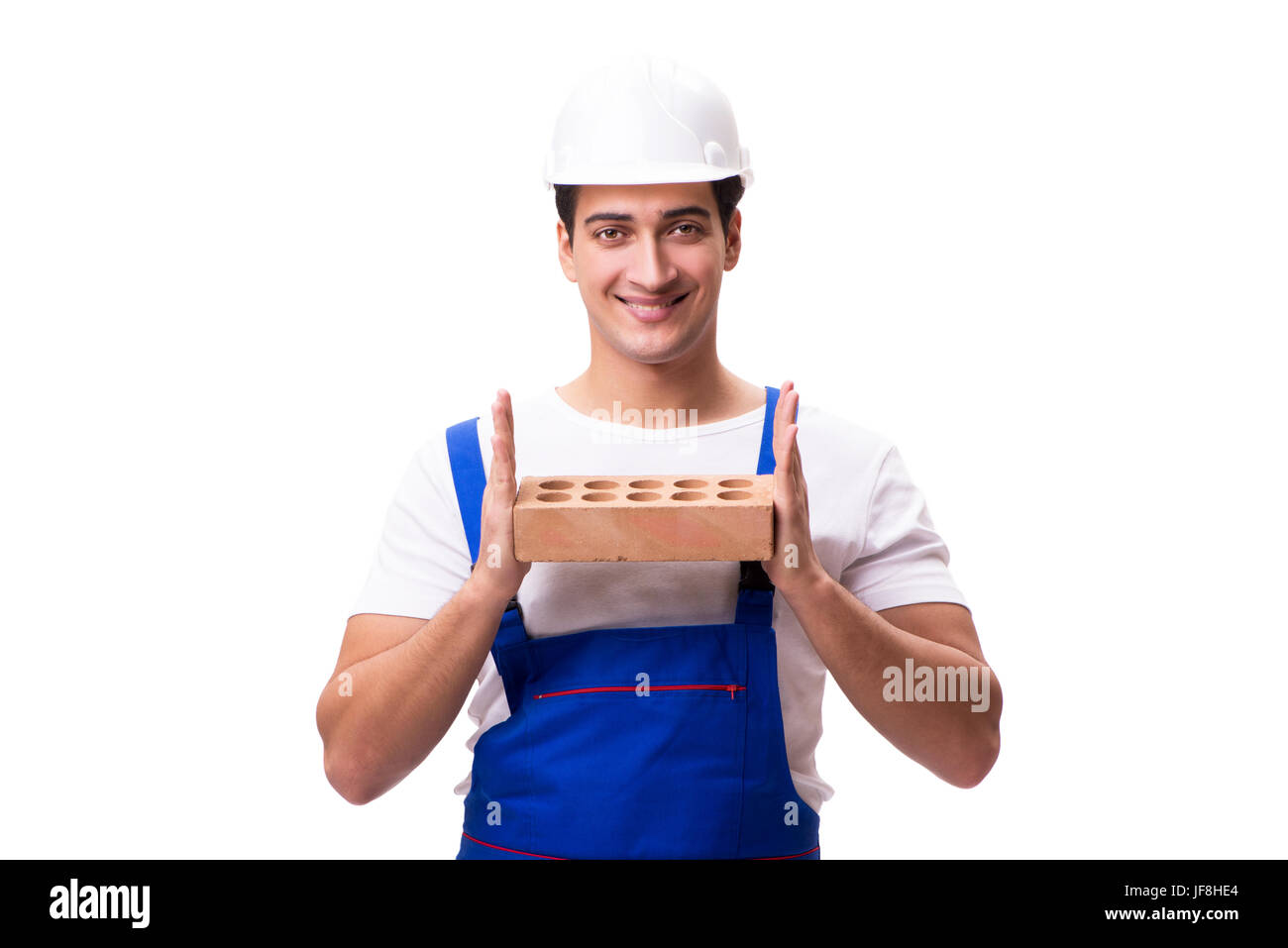 Man with brick isolated on white Stock Photo - Alamy