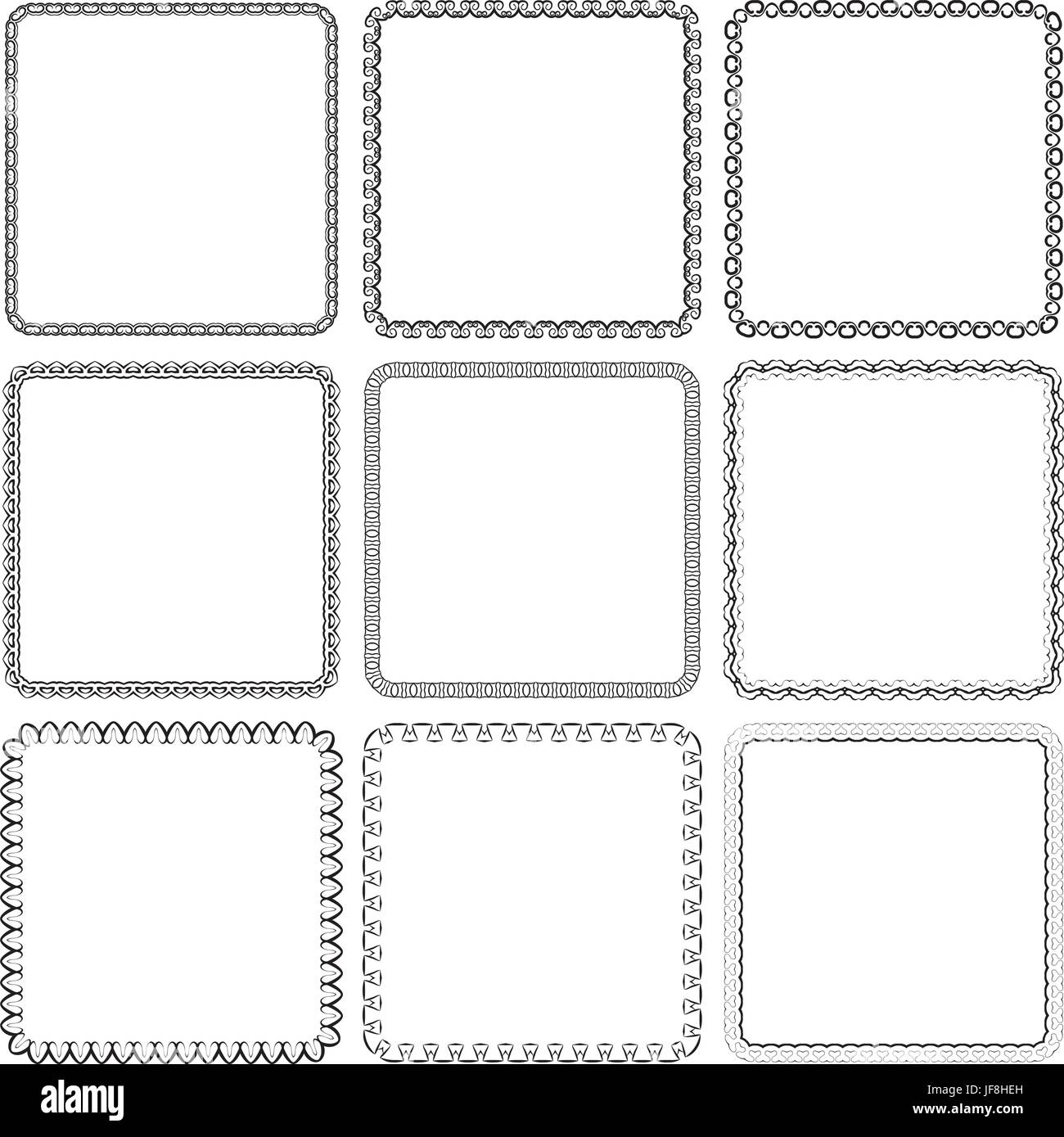 Vector set. Nine square ornamental frames. Black on a white Stock ...