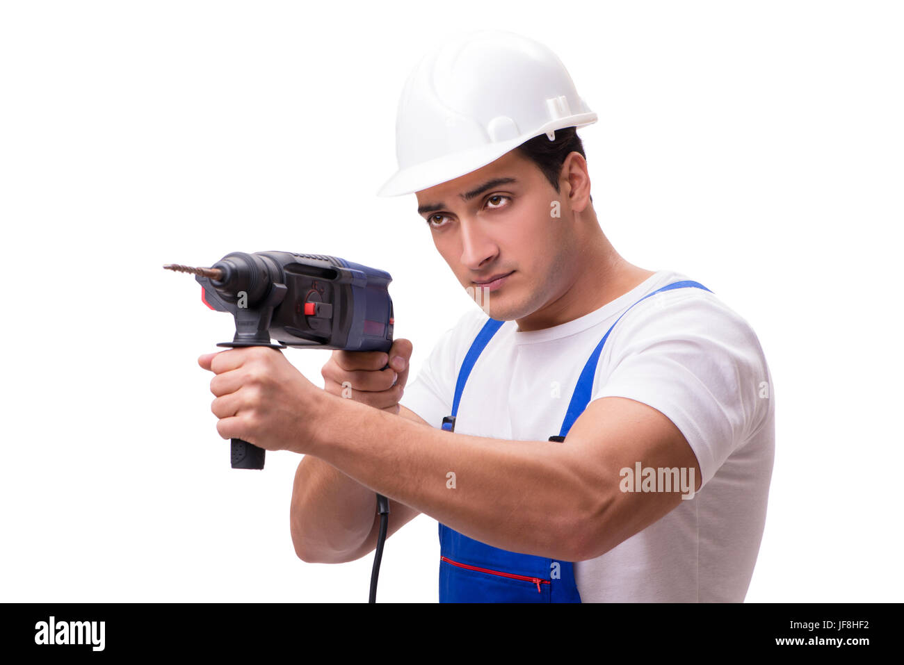 Man with drill isolated on the white Stock Photo - Alamy