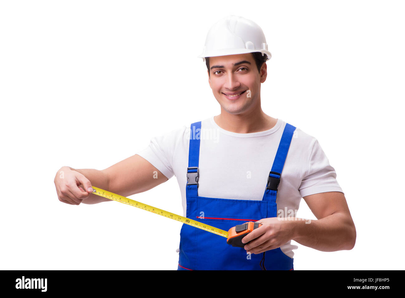 Man with tape measure isolated on white Stock Photo - Alamy