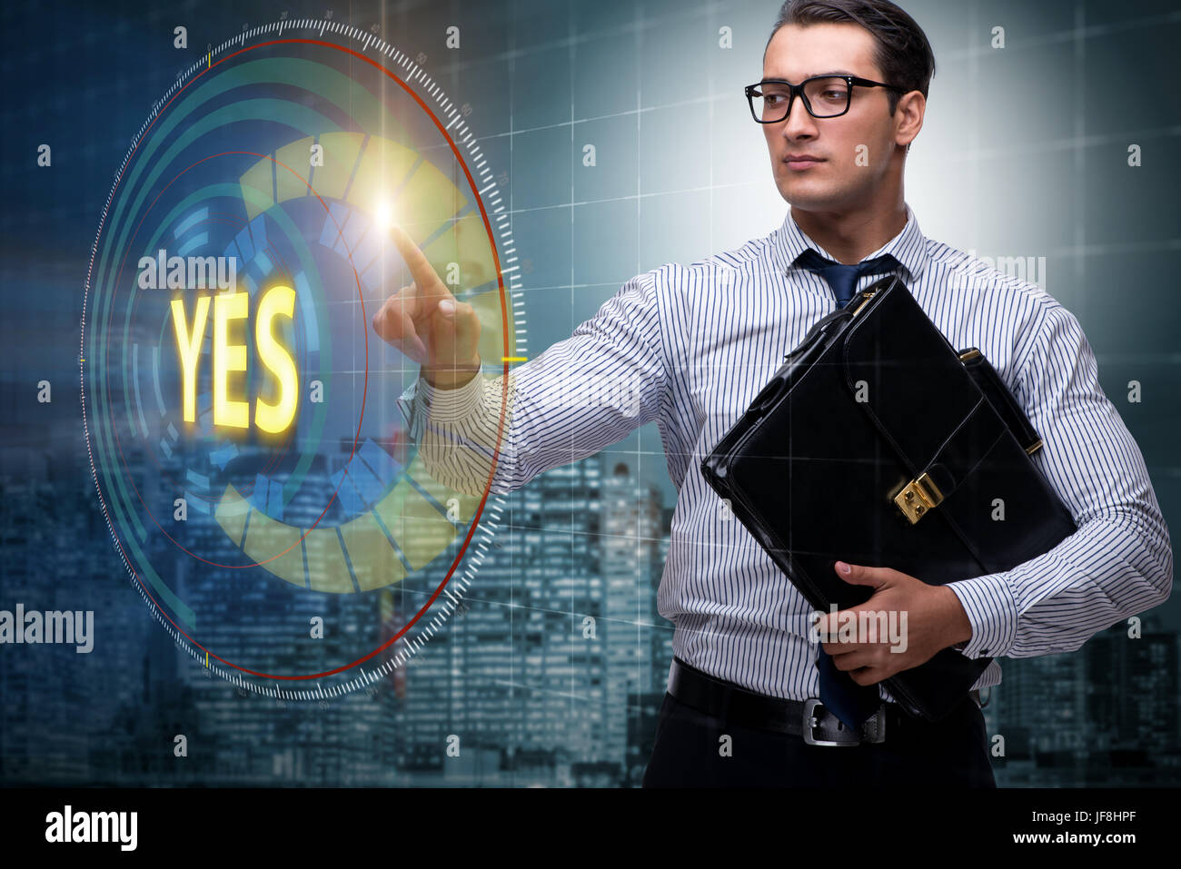 Businessman pressing virtual button YES Stock Photo - Alamy
