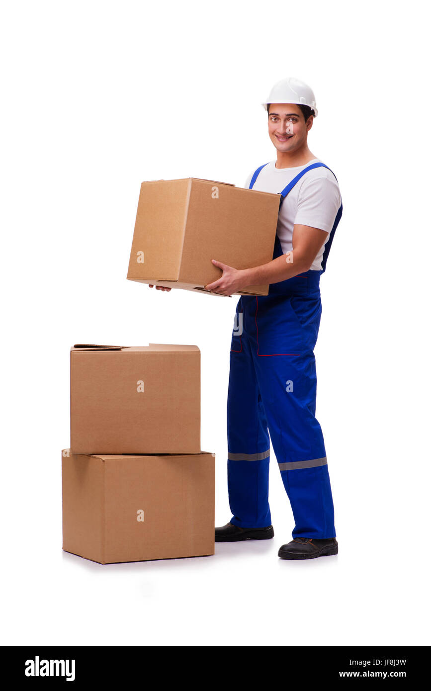 Man with boxes isolated on white Stock Photo - Alamy