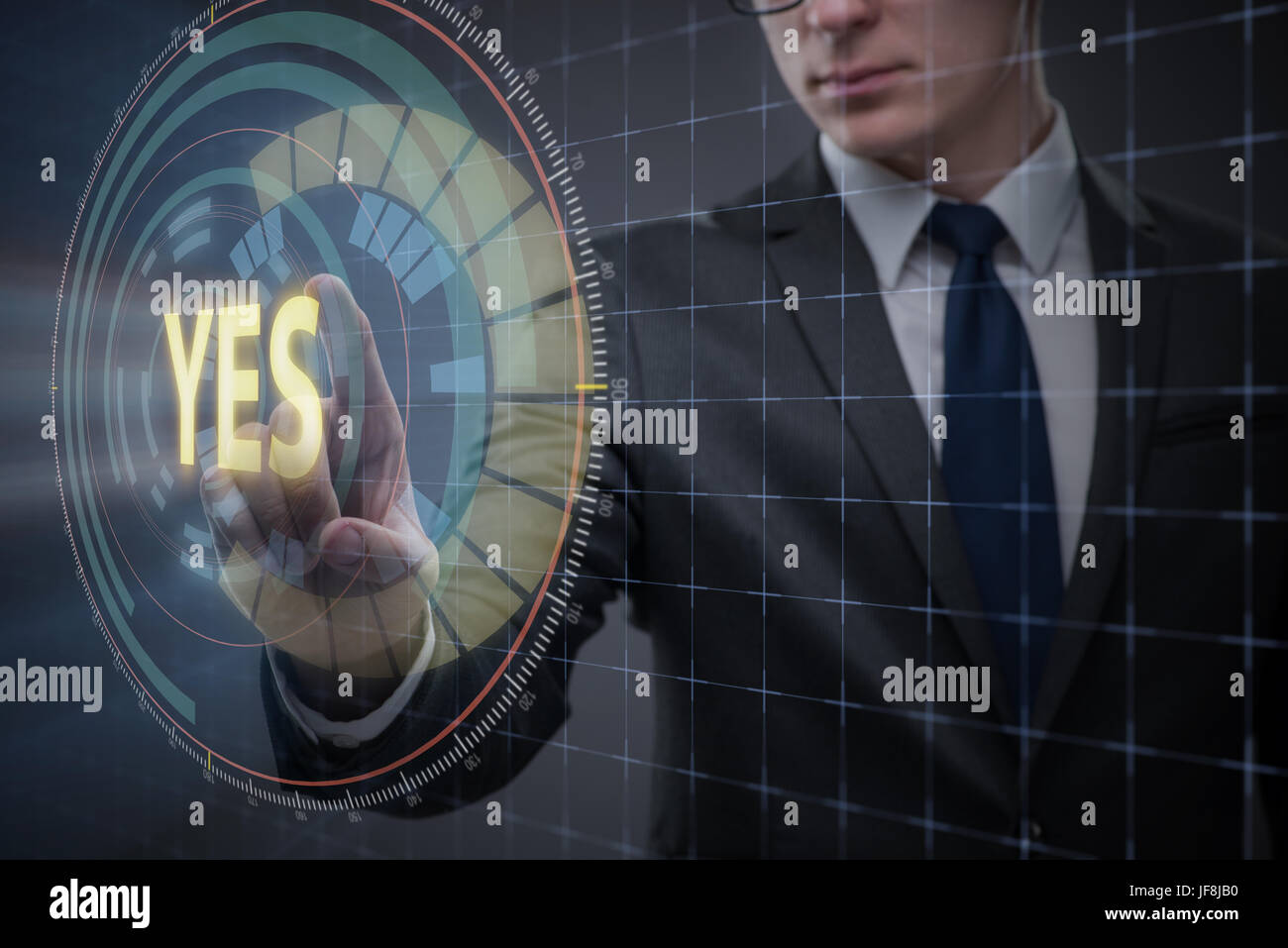 Businessman pressing virtual button YES Stock Photo - Alamy