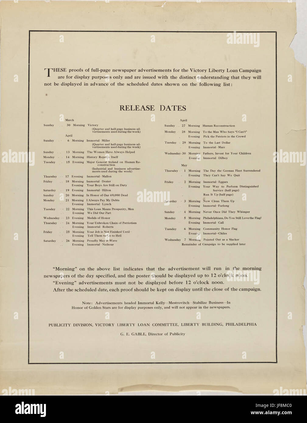 A historical document or photograph related to the release dates for ...