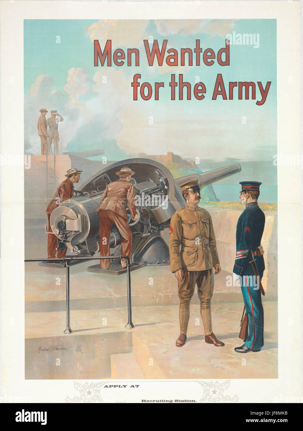 WWI recruitment poster calling for men to enlist in the army, featuring ...