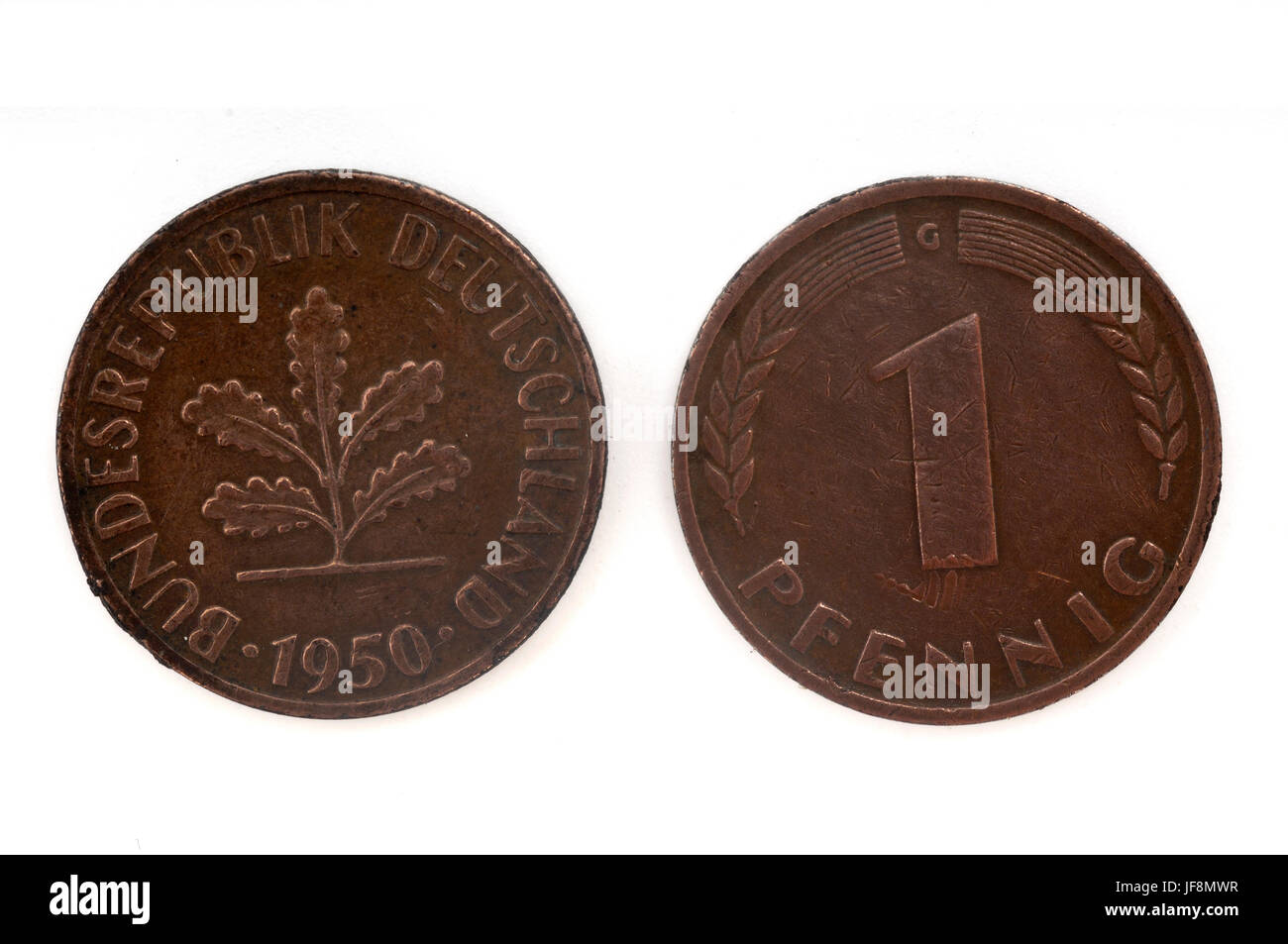 Old Coin dated 1950, One Pfennig, German coin Stock Photo - Alamy