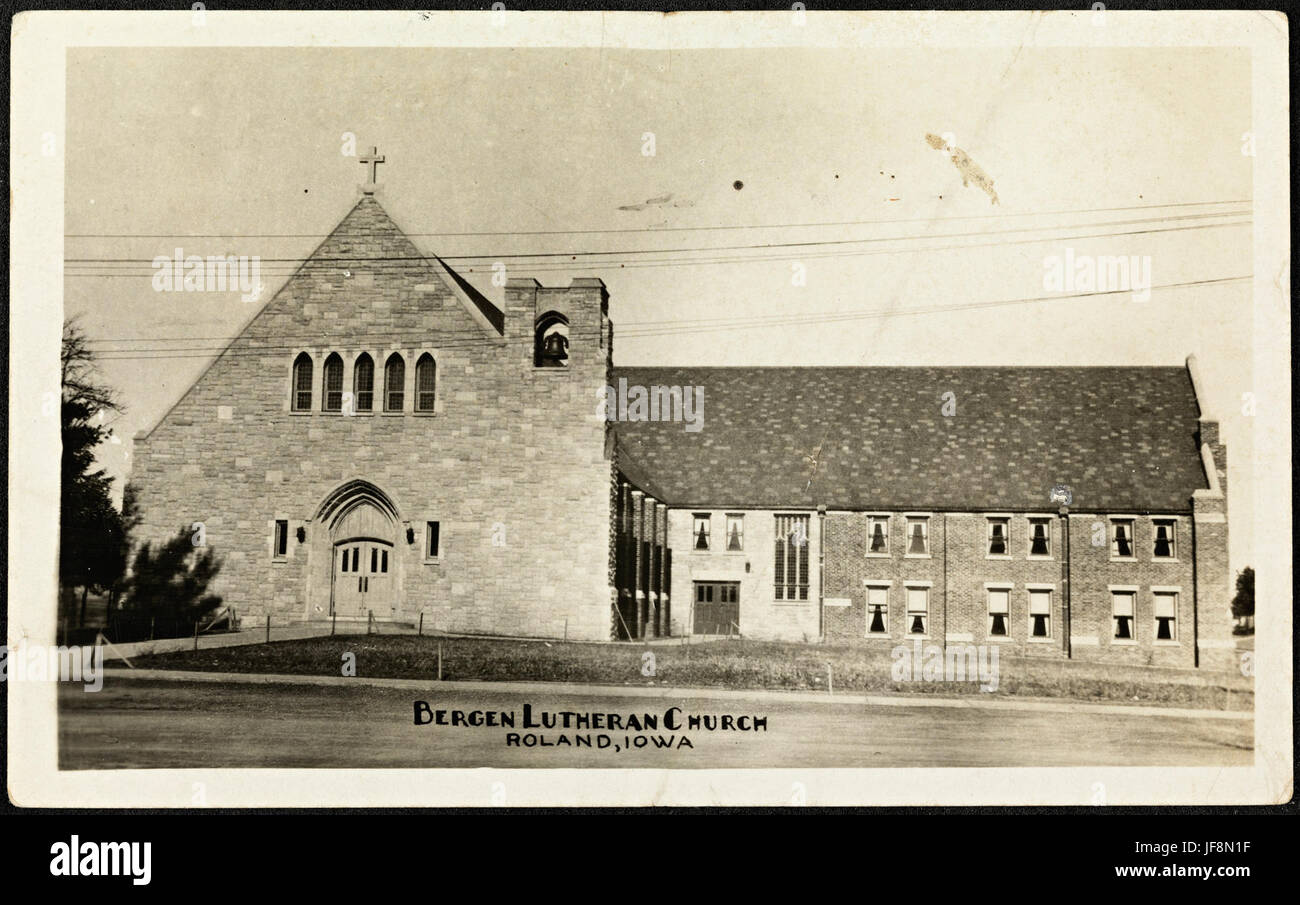 A vintage postcard depicting the Bergen Lutheran Church in Roland, Iowa ...