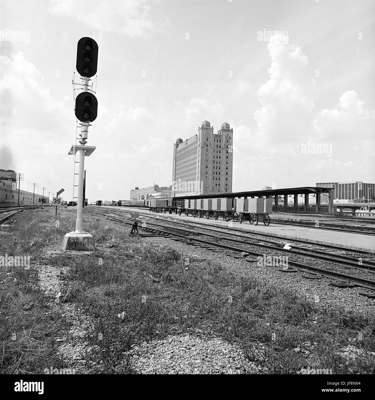 A historical photograph of the Texas and Pacific Railway Station in ...