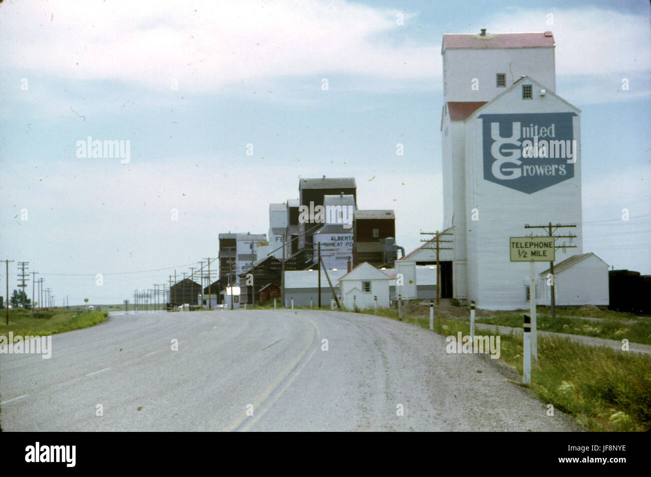 A photograph showcasing the grain elevators of the Alberta Wheat Pool ...