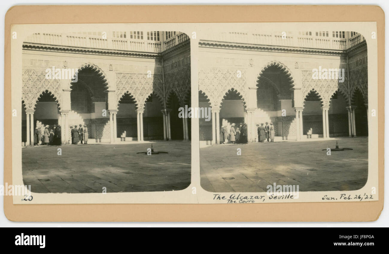 A magnificent view of the court of the Alcazar in Seville, Spain, one ...