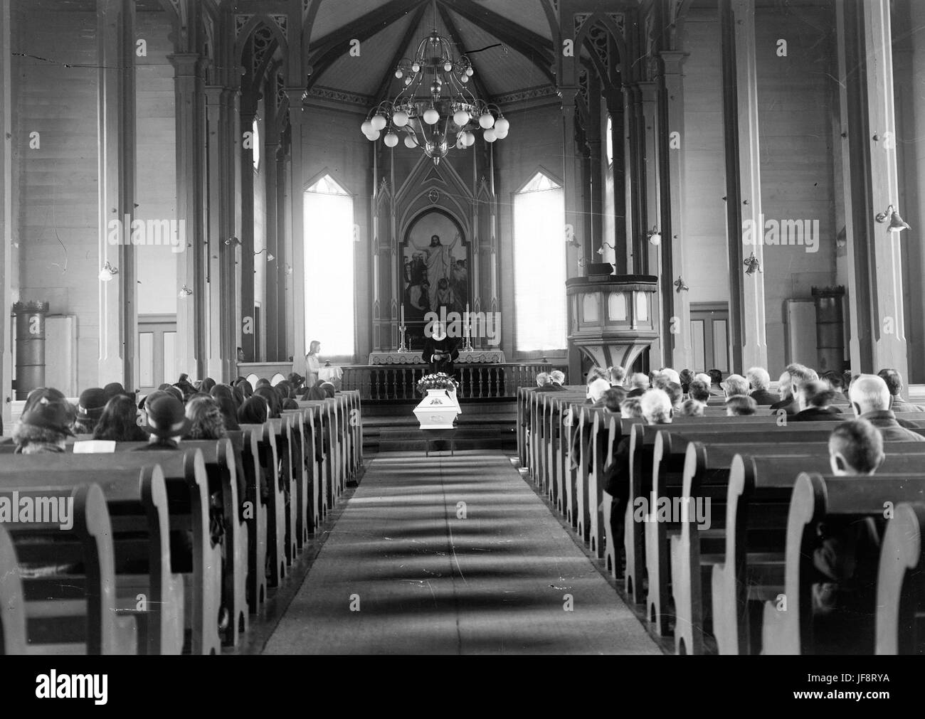 Funeral in Naustdal Church, ca 1915-1935, depicting a traditional ...