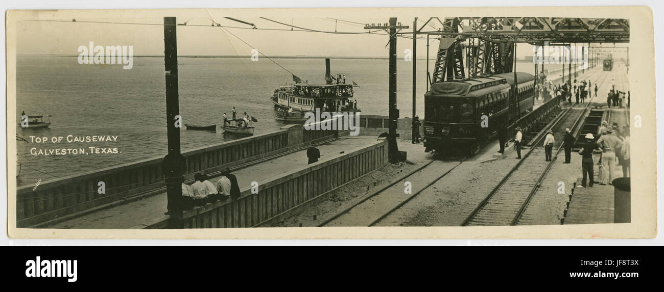 A vintage photograph of the causeway in Galveston, Texas, capturing the ...