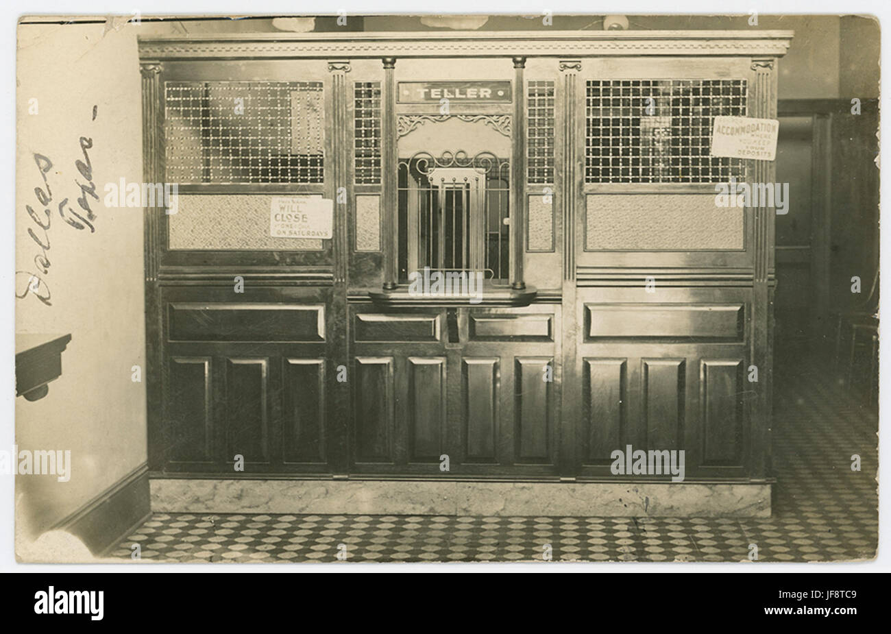 A historic photograph of a bank teller window in Dallas, Texas ...