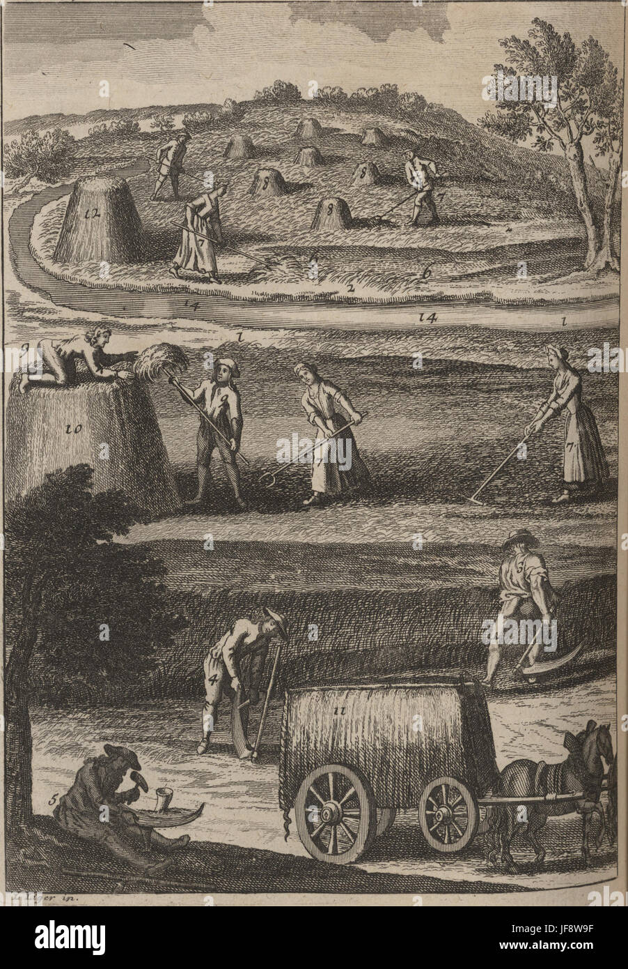 A historical image showing haymakers at work during the hay harvest ...