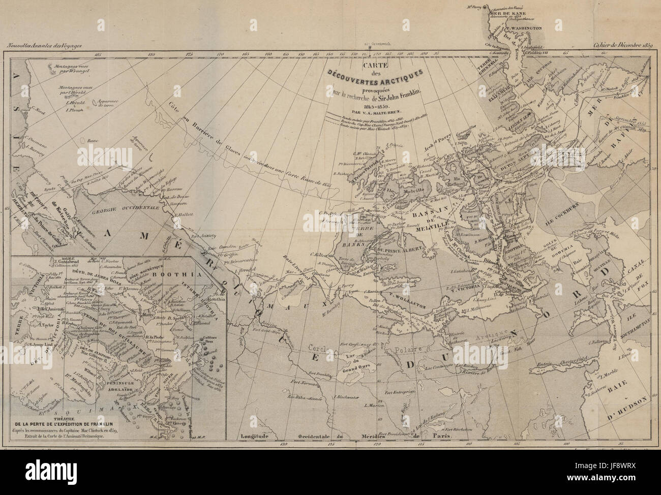 A vintage map depicting Arctic discoveries, showcasing the geographical ...
