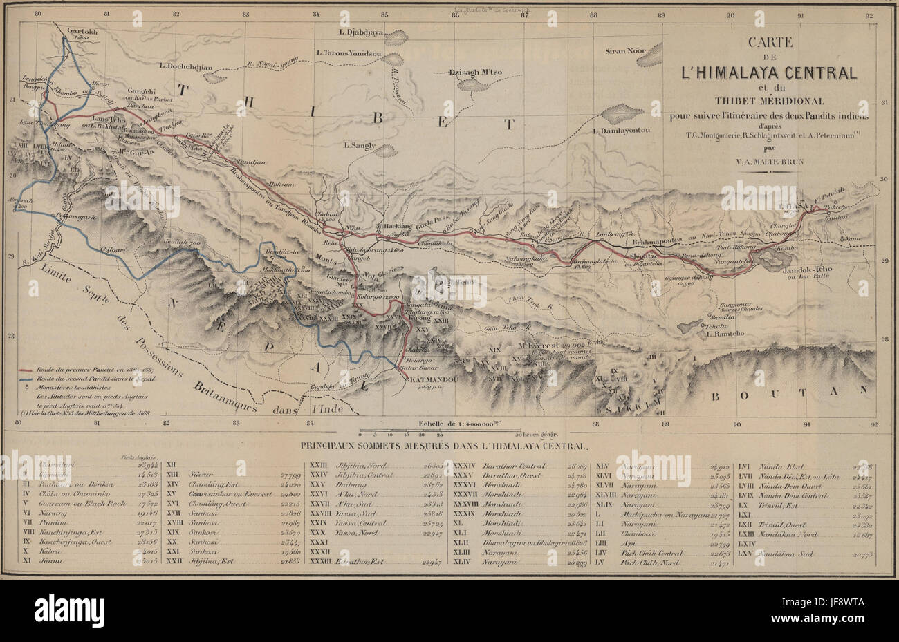 A historical map of Central Himalaya and Southern Tibet, showcasing ...