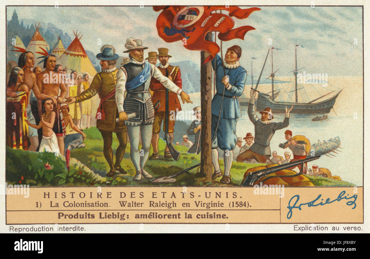 Colonisation of the Americas. Walter Raleigh landing in Virginia, 1584 ...