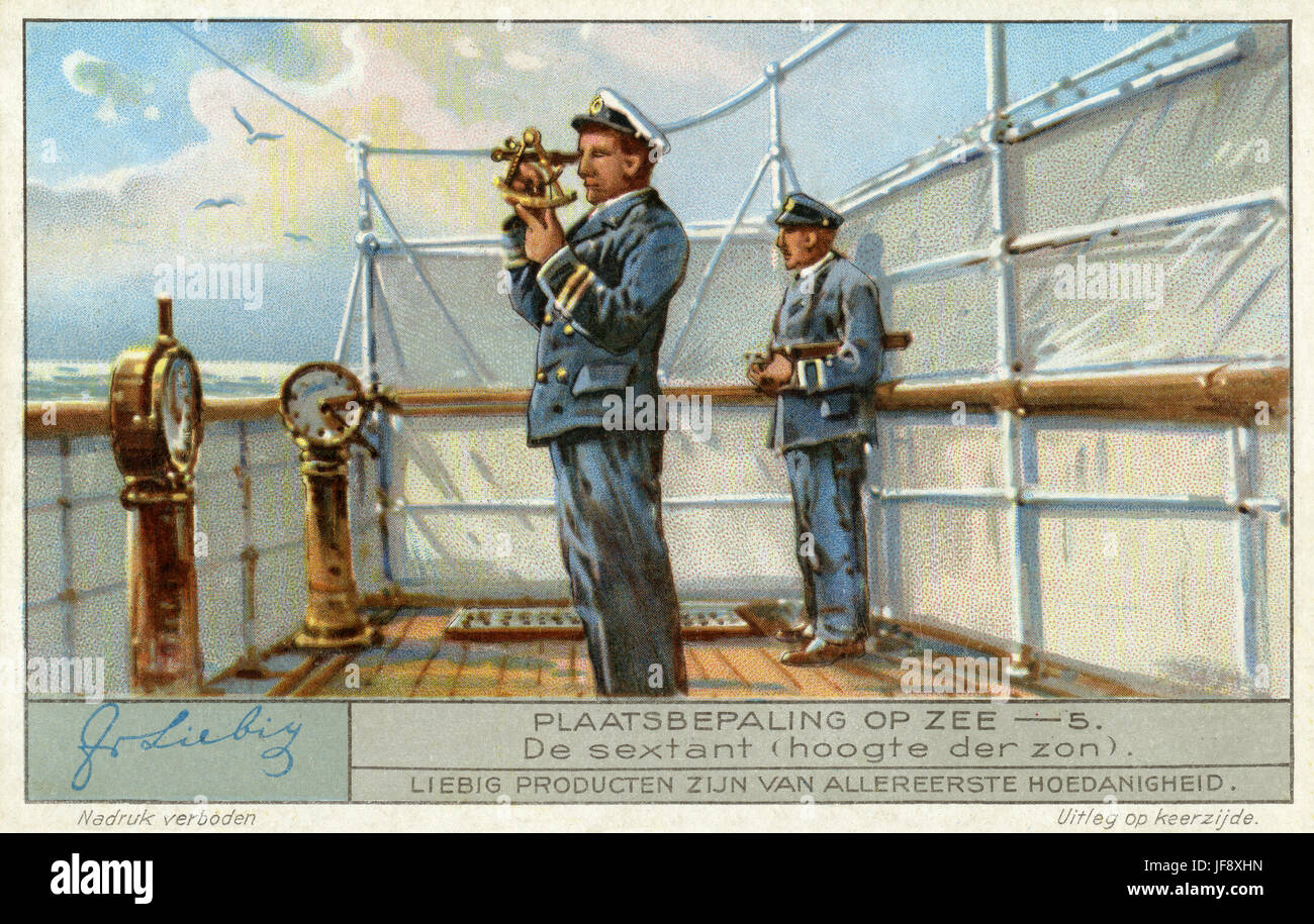 Sextant. Fixing a position at sea. Liebig collectors' card 1932 Stock ...