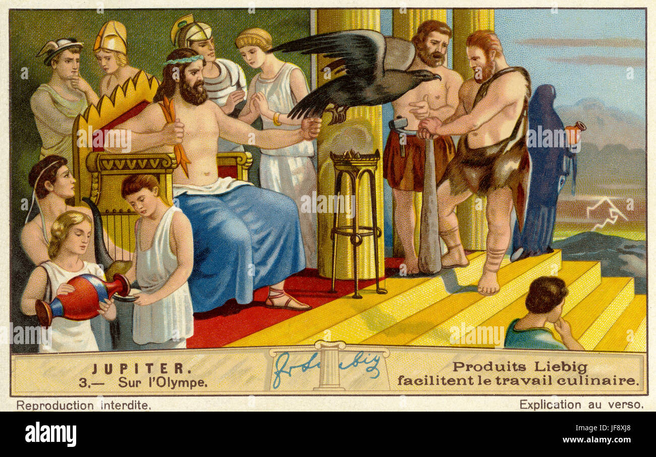 Jupiter on Mount Olympus. Liebig collectors' card 1932 Stock Photo - Alamy