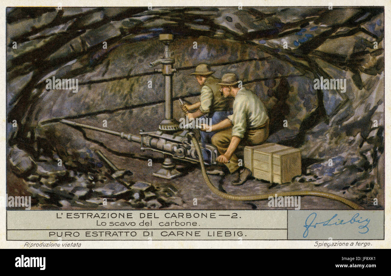 Coal excavation process. Coal mining. Liebig collectors' card 1933 ...