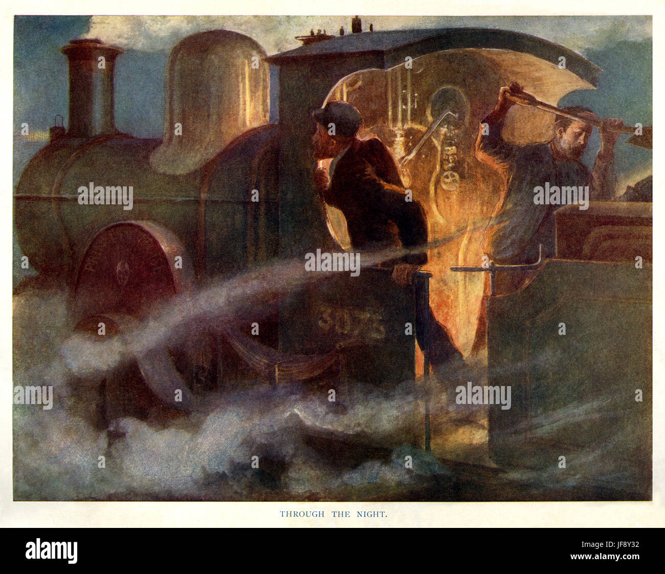 Men shovelling coal into the furnace as the train drives through the ...
