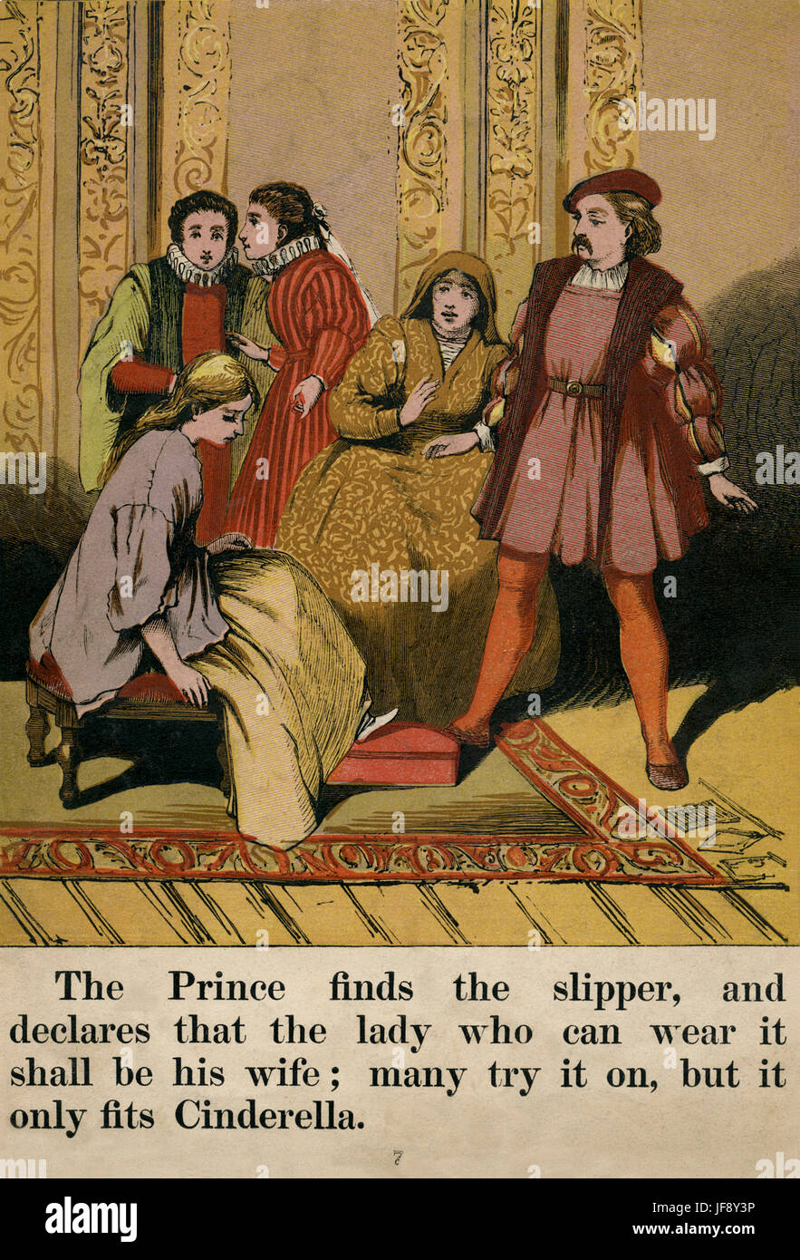 Cinderella tries on the glass slipper. Victorian illustrated toy book ...
