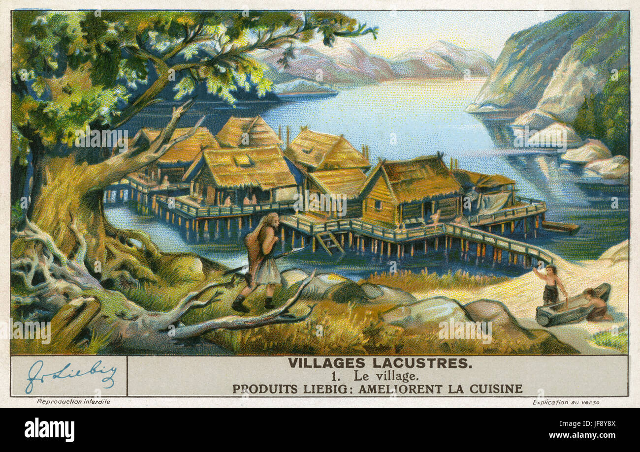 Palafitte / stilt dwellings on a lake, southern Europe. Bronze Age ...