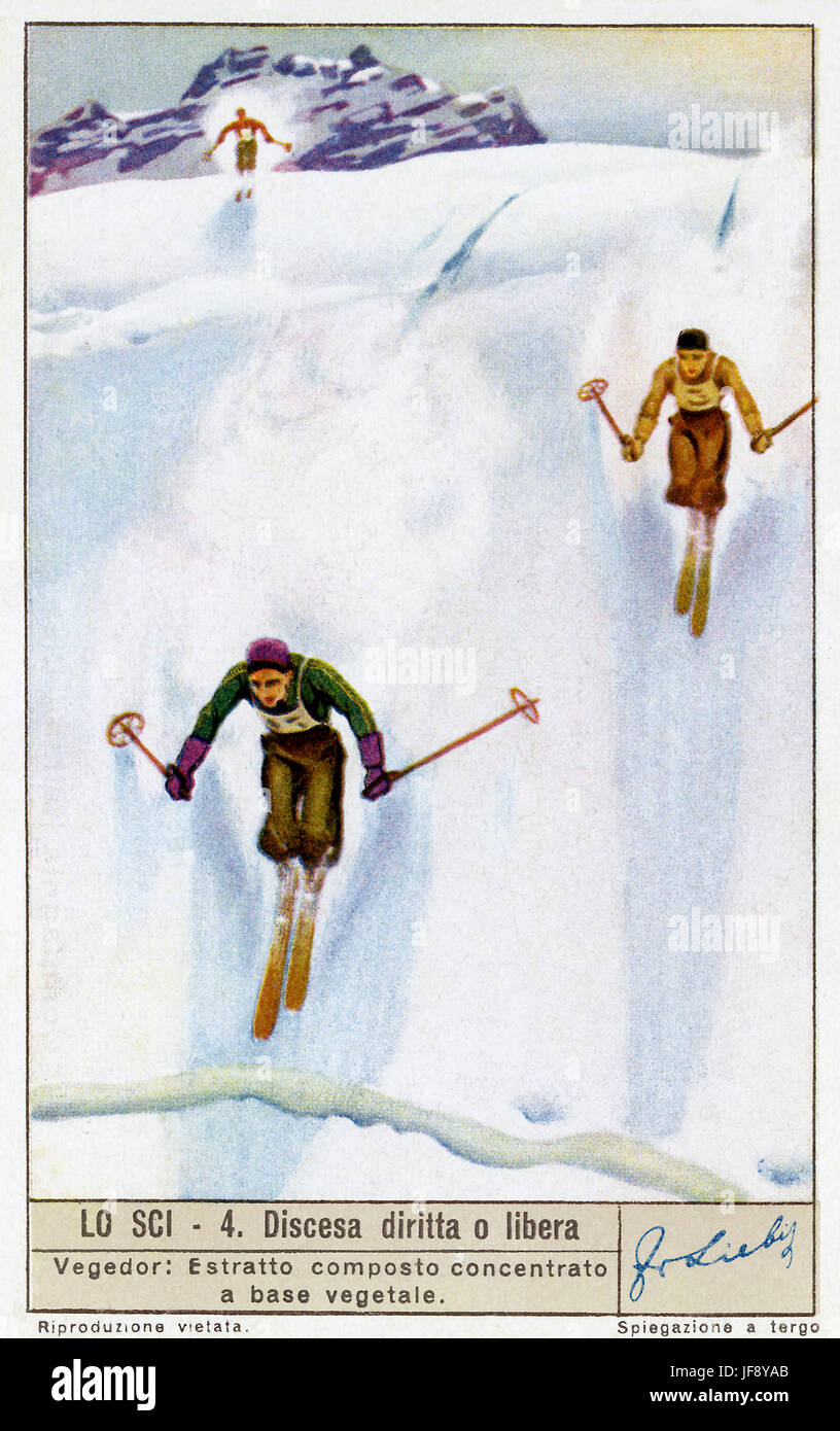 Downhill freestyle skiing. Liebig collectors card, 1940 Stock Photo - Alamy