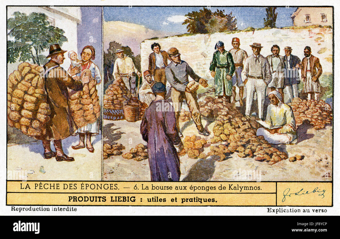 Sponge market at Kalymnos, Greece. Liebig collectors card, 1943 Stock ...