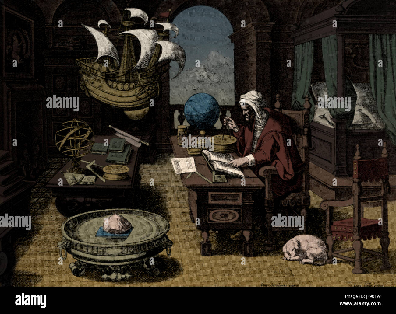 Medieval astronomer and cosmographer in his study. Middle Eastern ...