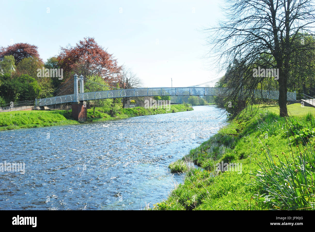 pedestrian bridge over the River Tweed at Peebles looking downriver ...