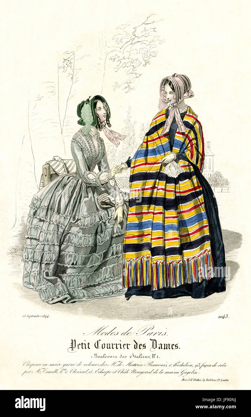 Parisian fashion, September 1844. Two women wearing bonnets tied with ...