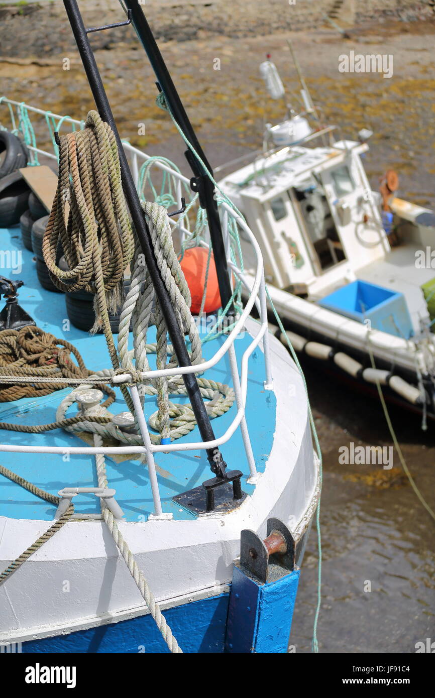 Close-up on fishing boats in the Portree fishing harbor, Isle of Skye ...