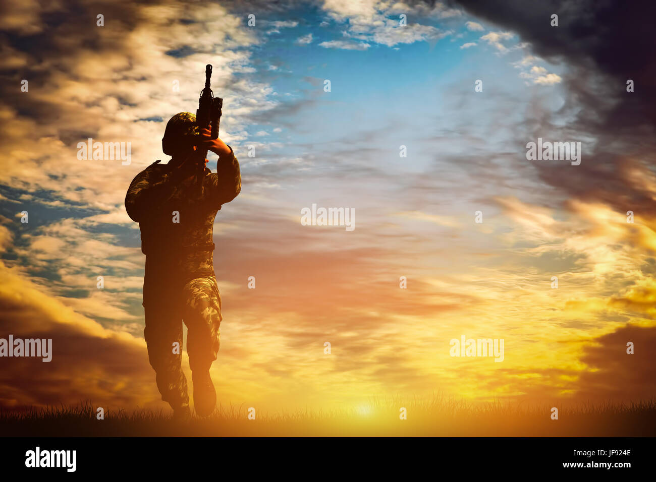 Soldier in combat shooting with his weapon, rifle at sunset. War, army ...