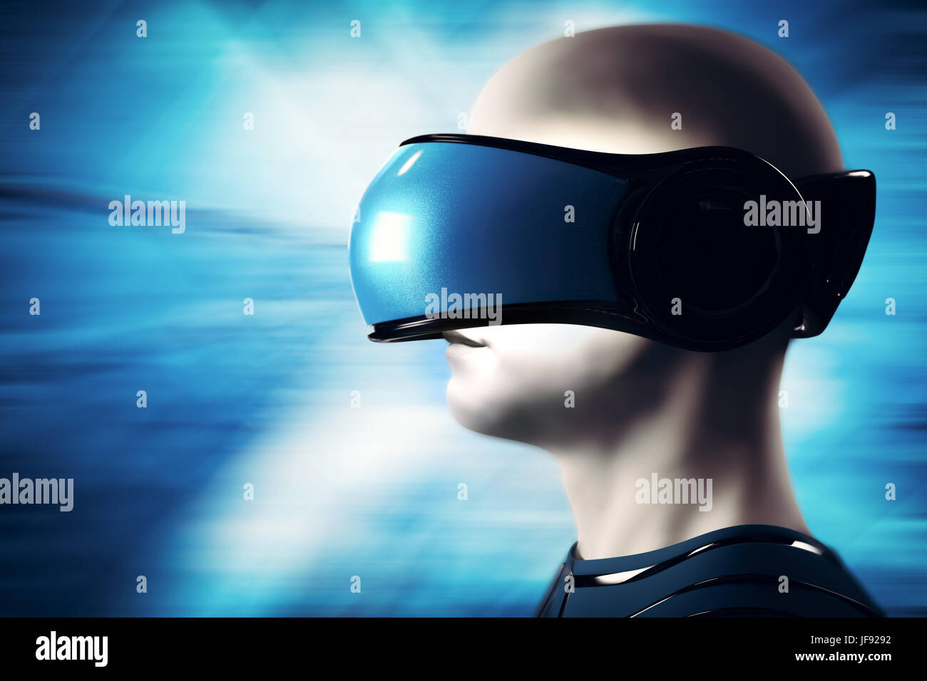 Into virtual reality world. Man wearing goggle headset. Future ...