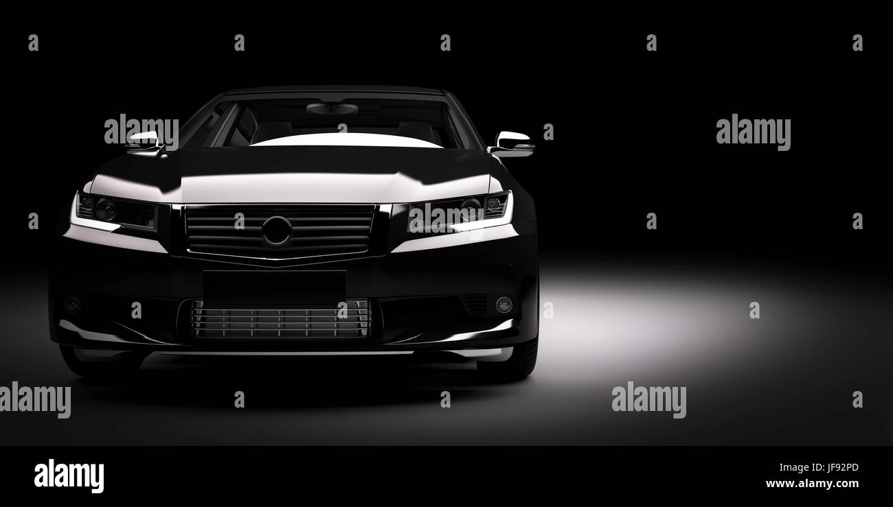 Modern new black metallic sedan car in spotlight. Generic contemporary ...
