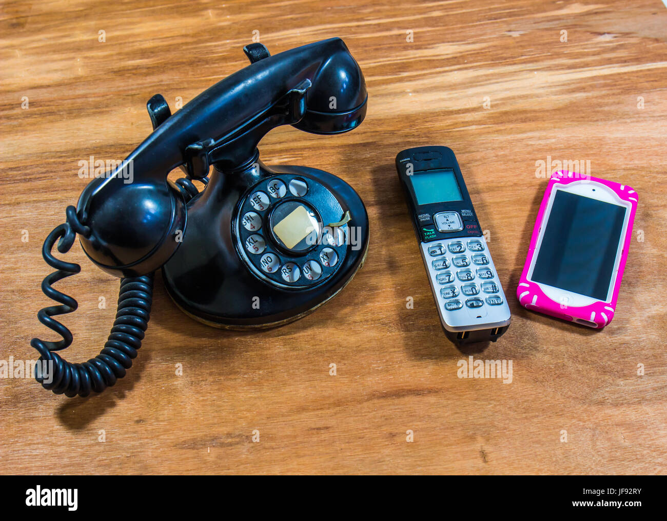 Three Generations Of Telephones Stock Photo - Alamy